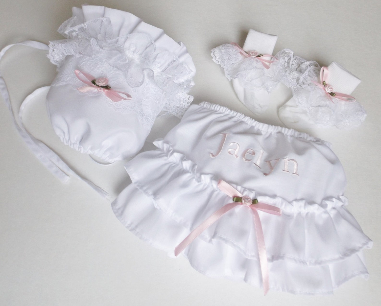Baby Girl Fancy Frilly Lace Bonnet, Frilly Panty, Frilly Socks, Baby ...