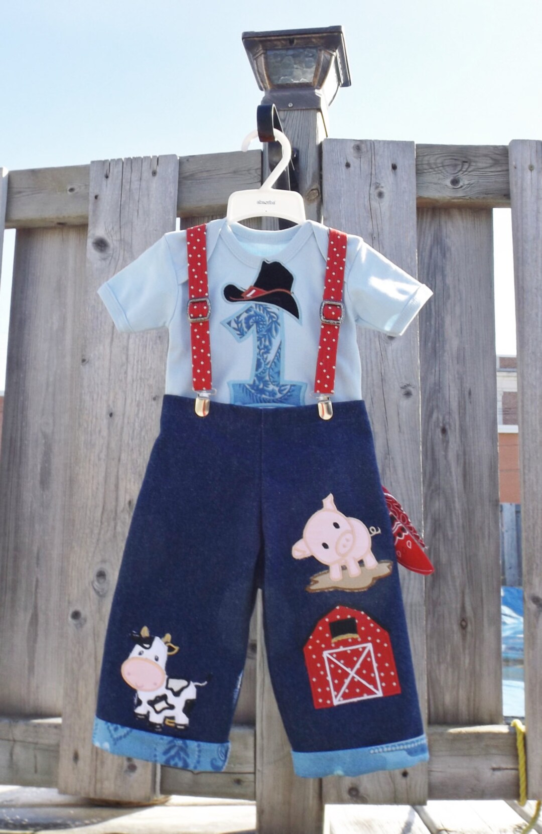 Boy's Farm Theme Birthday Outfit With Suspenders, Bodysuit, Denim Jeans ...