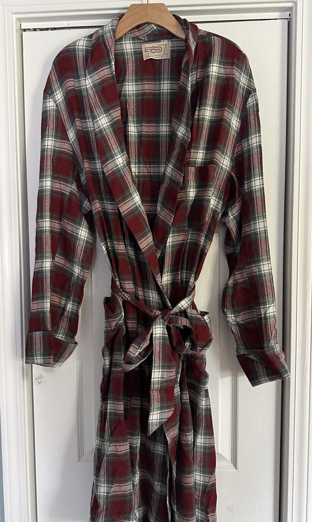 Vintage ROYTEX Robe 60s MODERN Living Maroon Grey Plaid One Size Cotton ...
