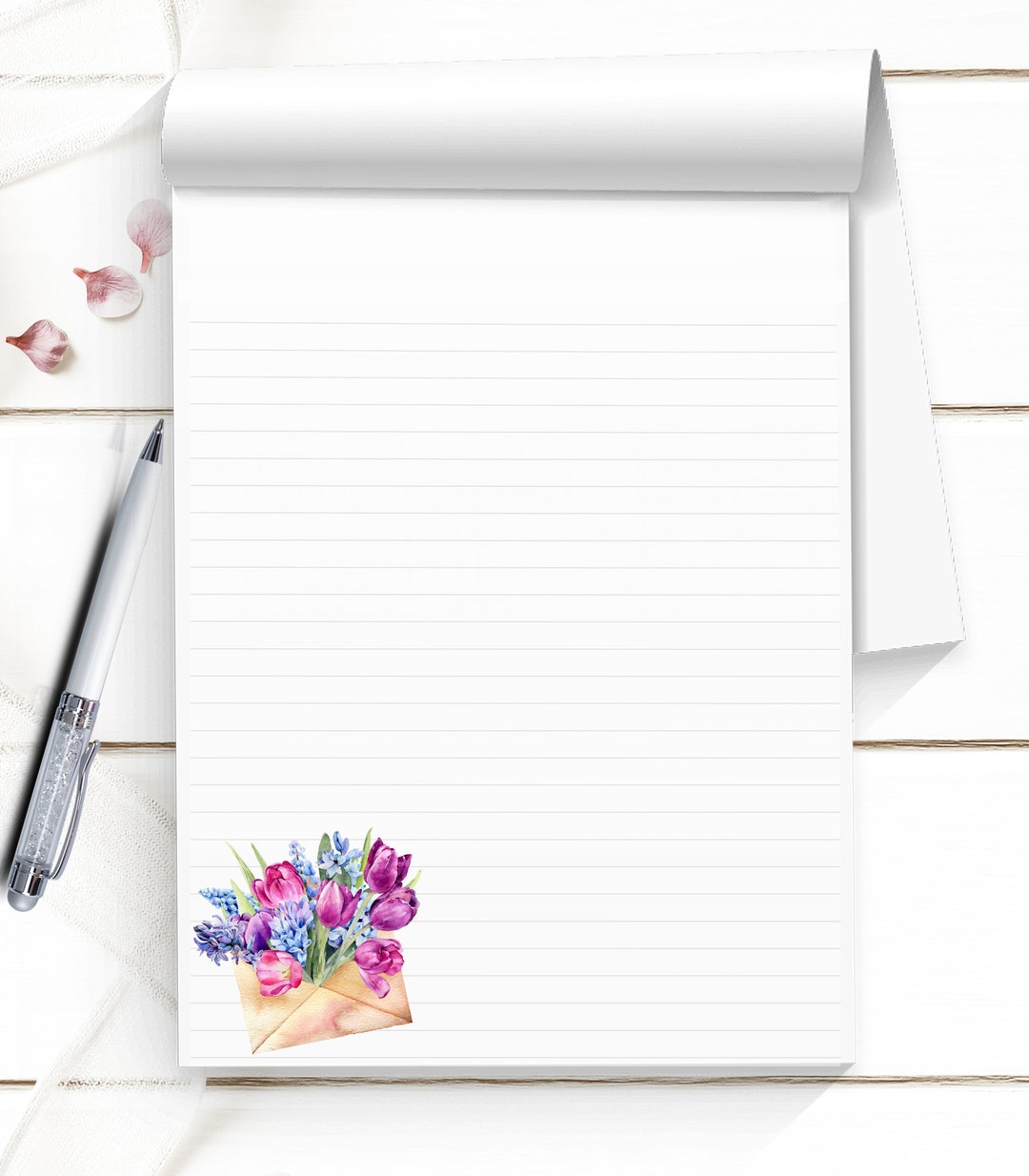 Notepad Cute Tulips in an Envelope Writing Paper, Personalized Notepad ...