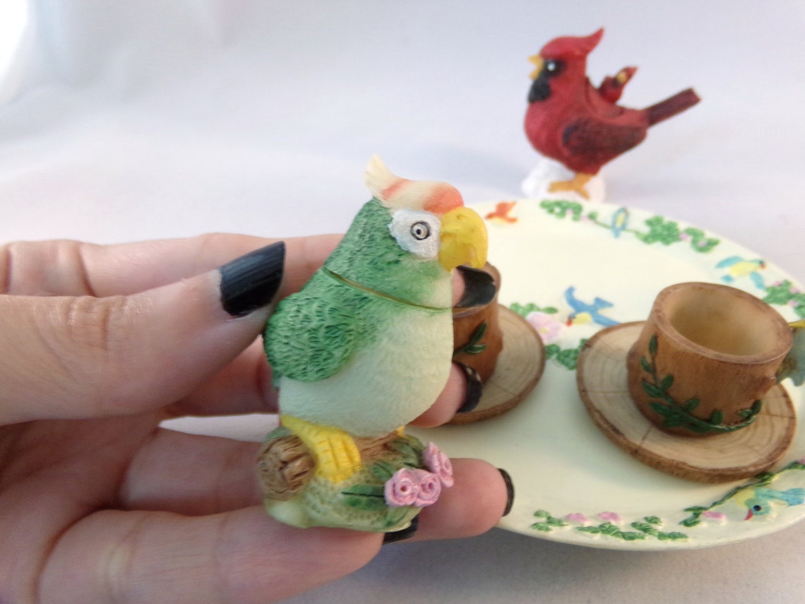 Vintage Mini Bird Tea Set Polyrein Animal Tea Set Red Bird Parrot Blue ...