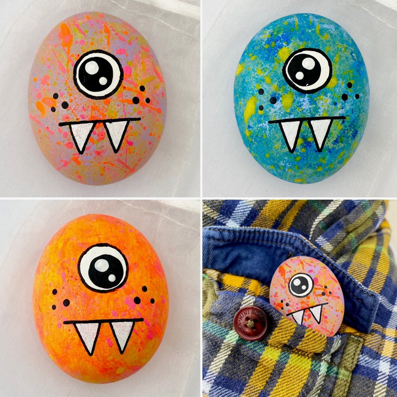 Pocket Monster, Pet Rock, Hand Painted Ceramic Stone OOAK - Etsy