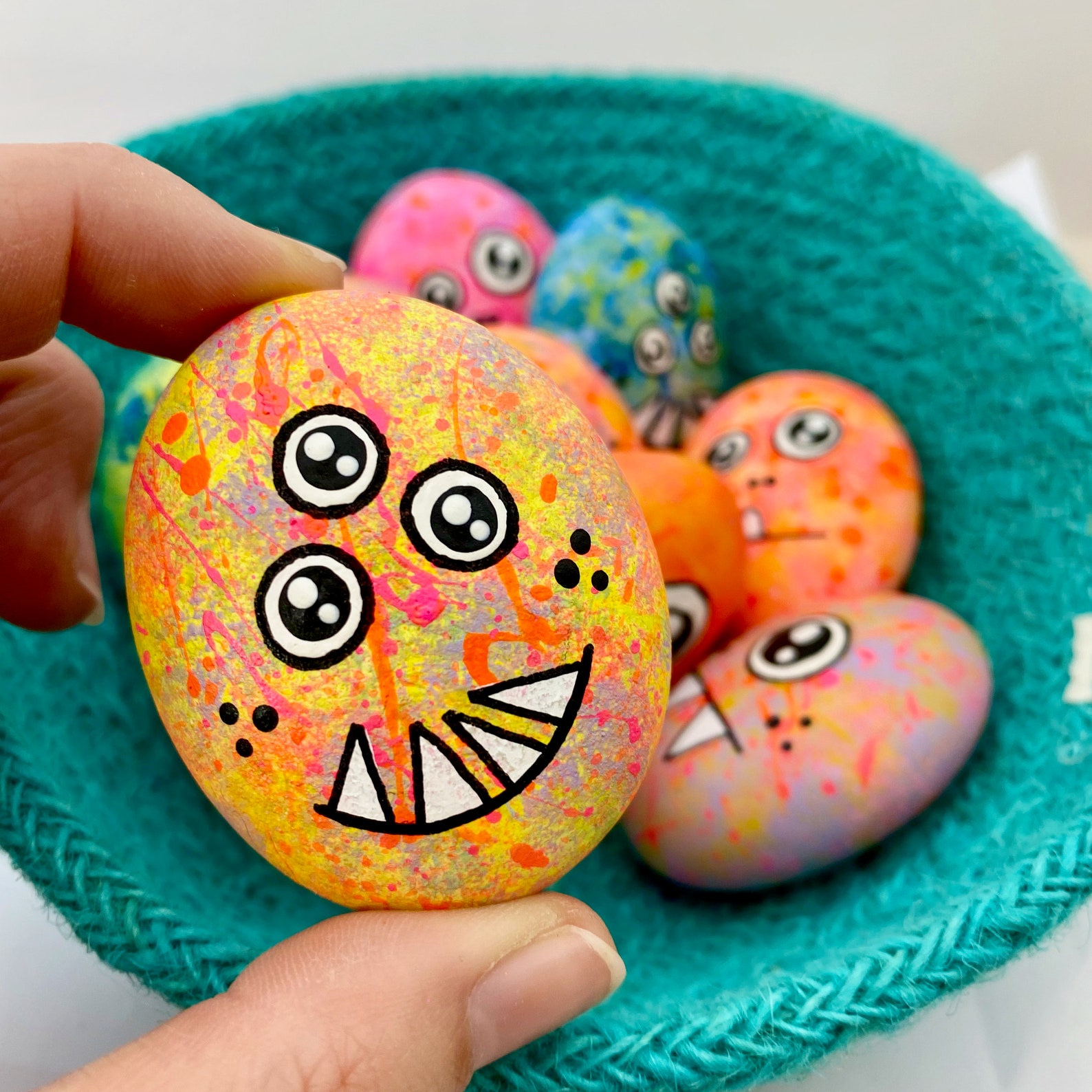 Pocket Monster, Pet Rock, Hand Painted Ceramic Stone OOAK - Etsy