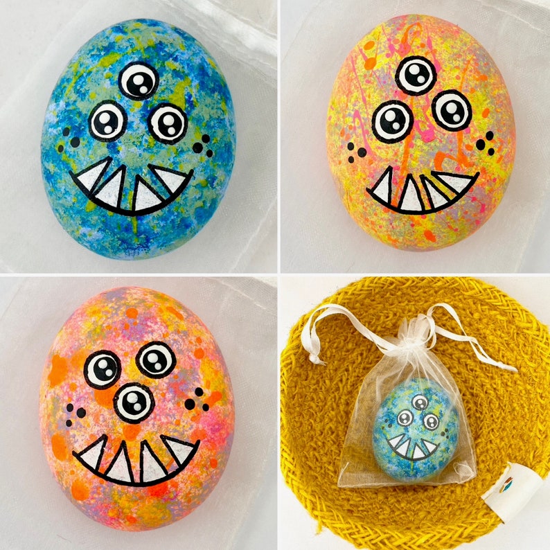 Pocket Monster, Pet Rock, Hand Painted Ceramic Stone OOAK - Etsy