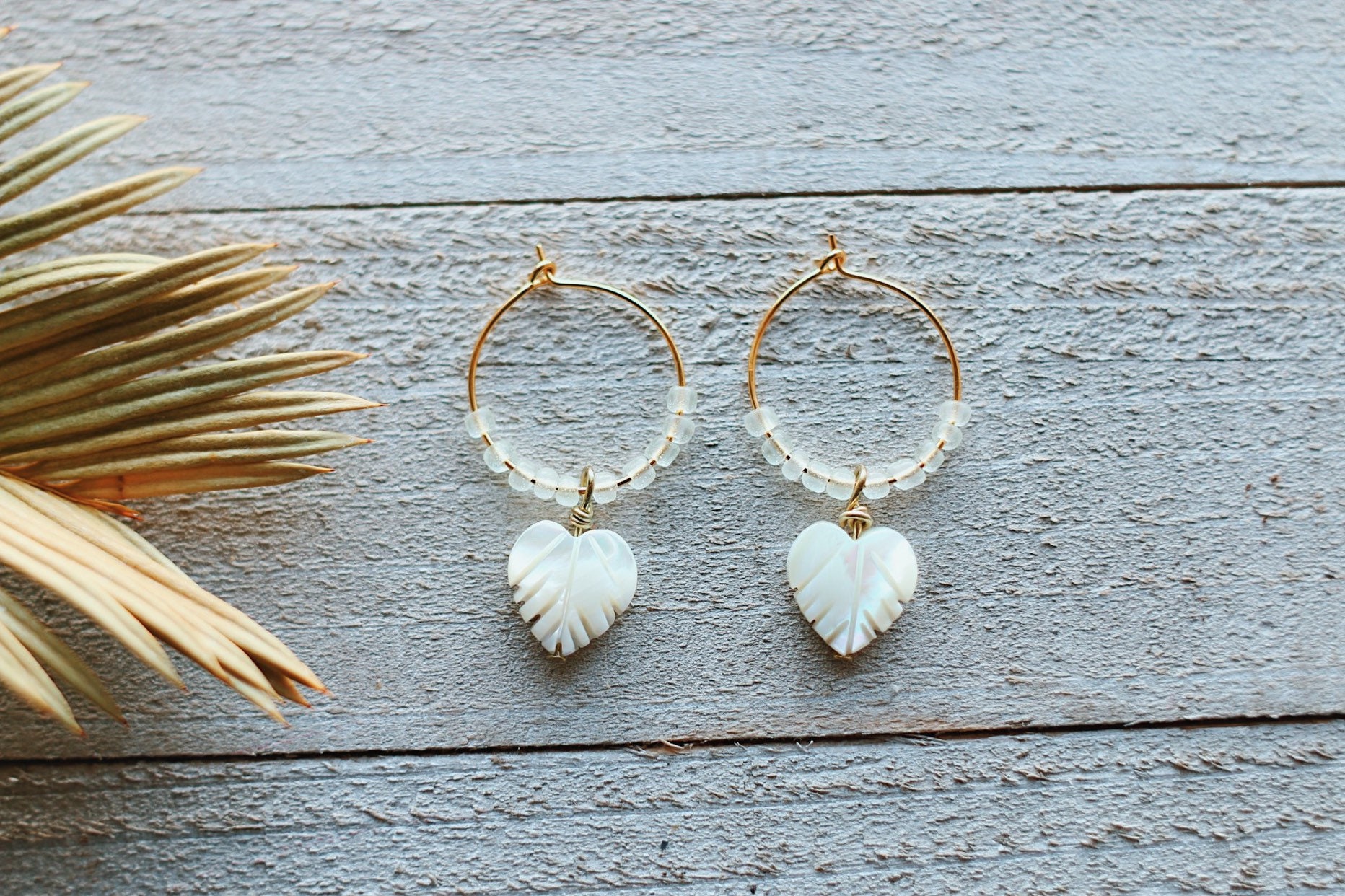 Monstera Shell & Sea Glass Beaded Mini Hoop Earrings - Etsy