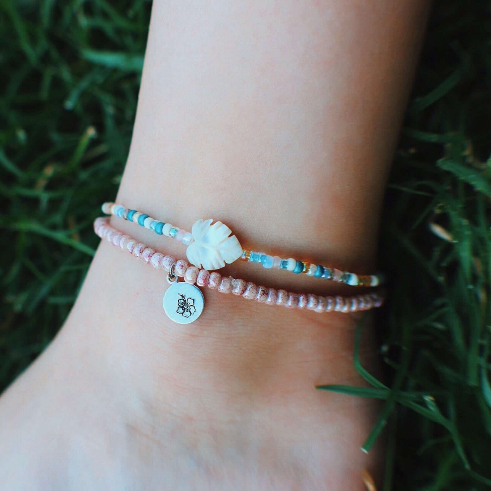 Pink Marbled Hand Stamped Hibiscus Beaded Anklet - Etsy
