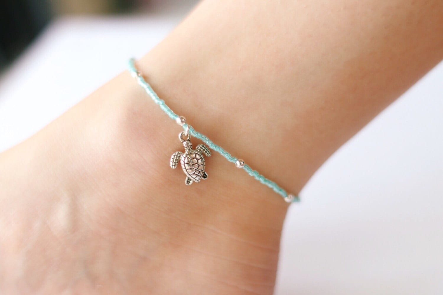 Turquoise Glass Beaded Silver Sea Turtle Anklet - Etsy