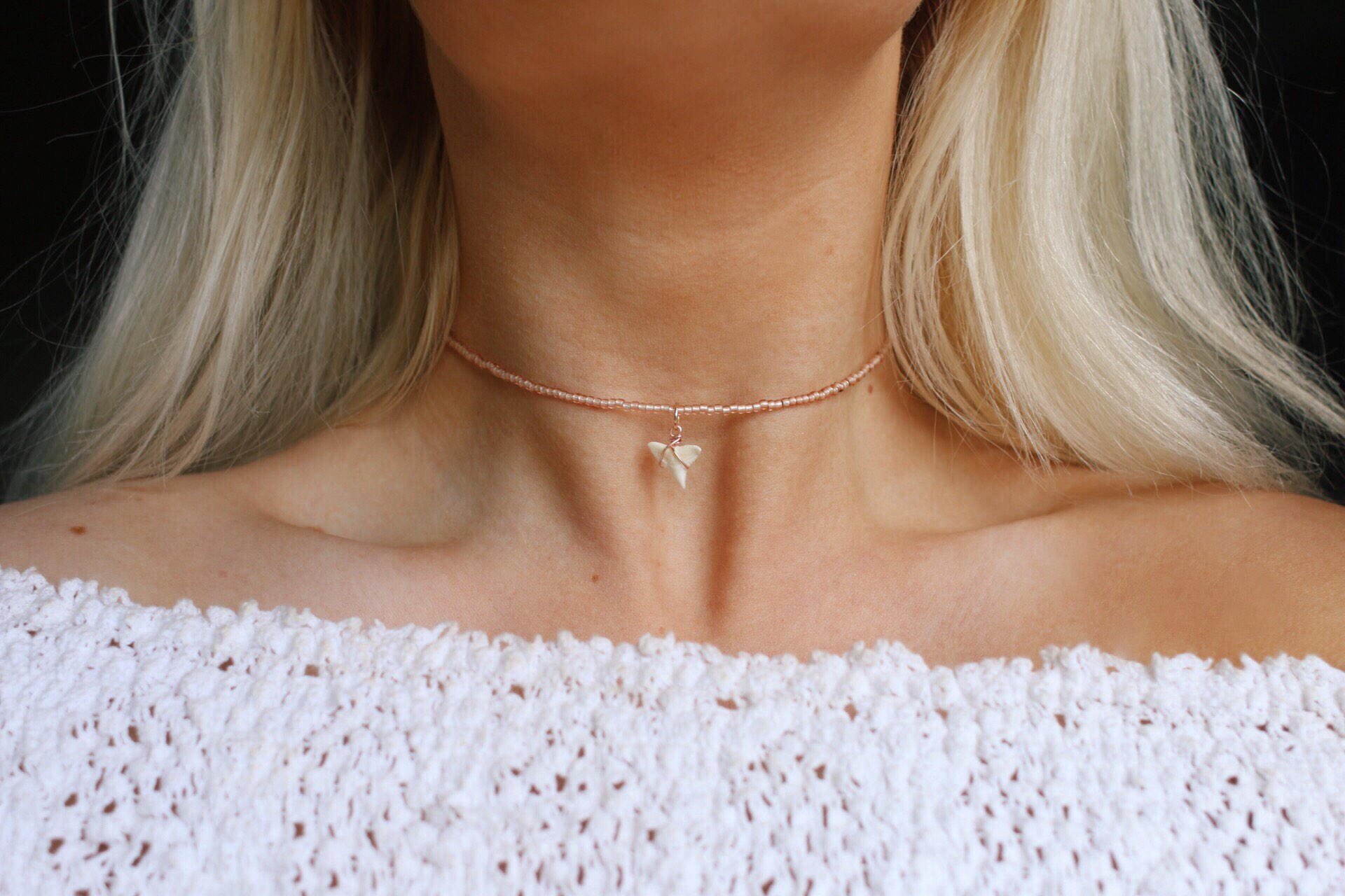 Dainty Rose Gold Beaded Shark Tooth Choker Necklace - Etsy