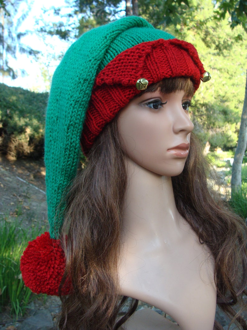 DIY- Knitting PATTERN #167: Santa's Elf Knit Hat With Bells and Pom-pom ...