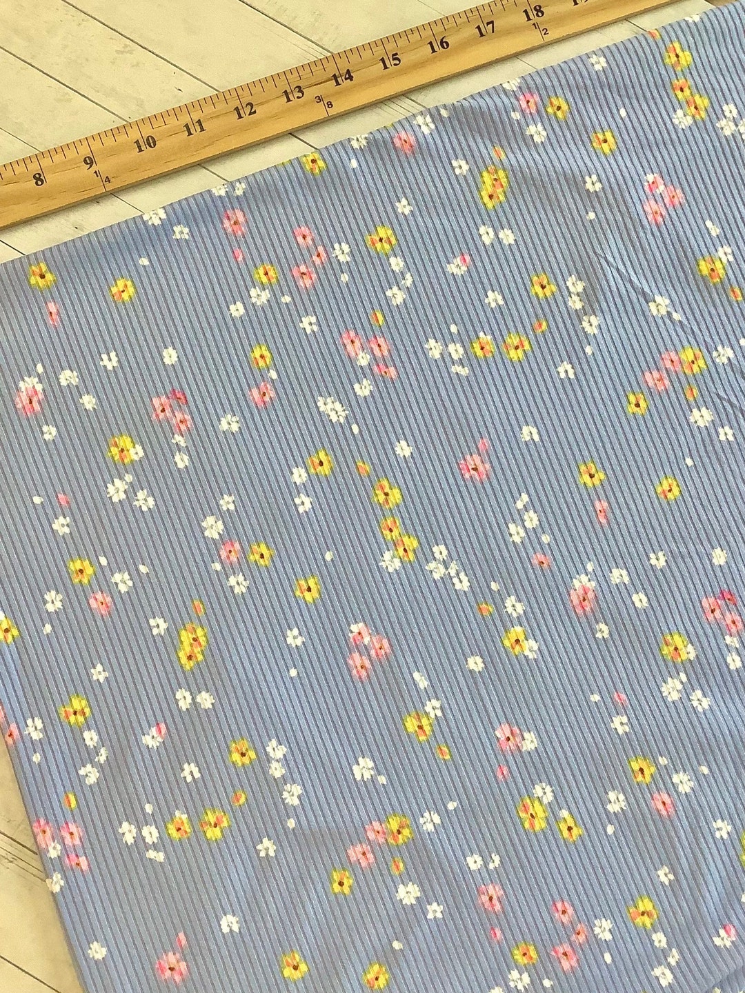 Ribbed Knit Pink/yellow Floral on Blue 58/60 Apparel Fabric by the Yard ...