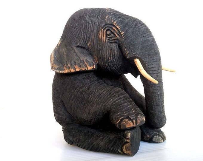 Hand Carved Elephant Wood Carving Sitting Elephant Natural Teak Wood ...