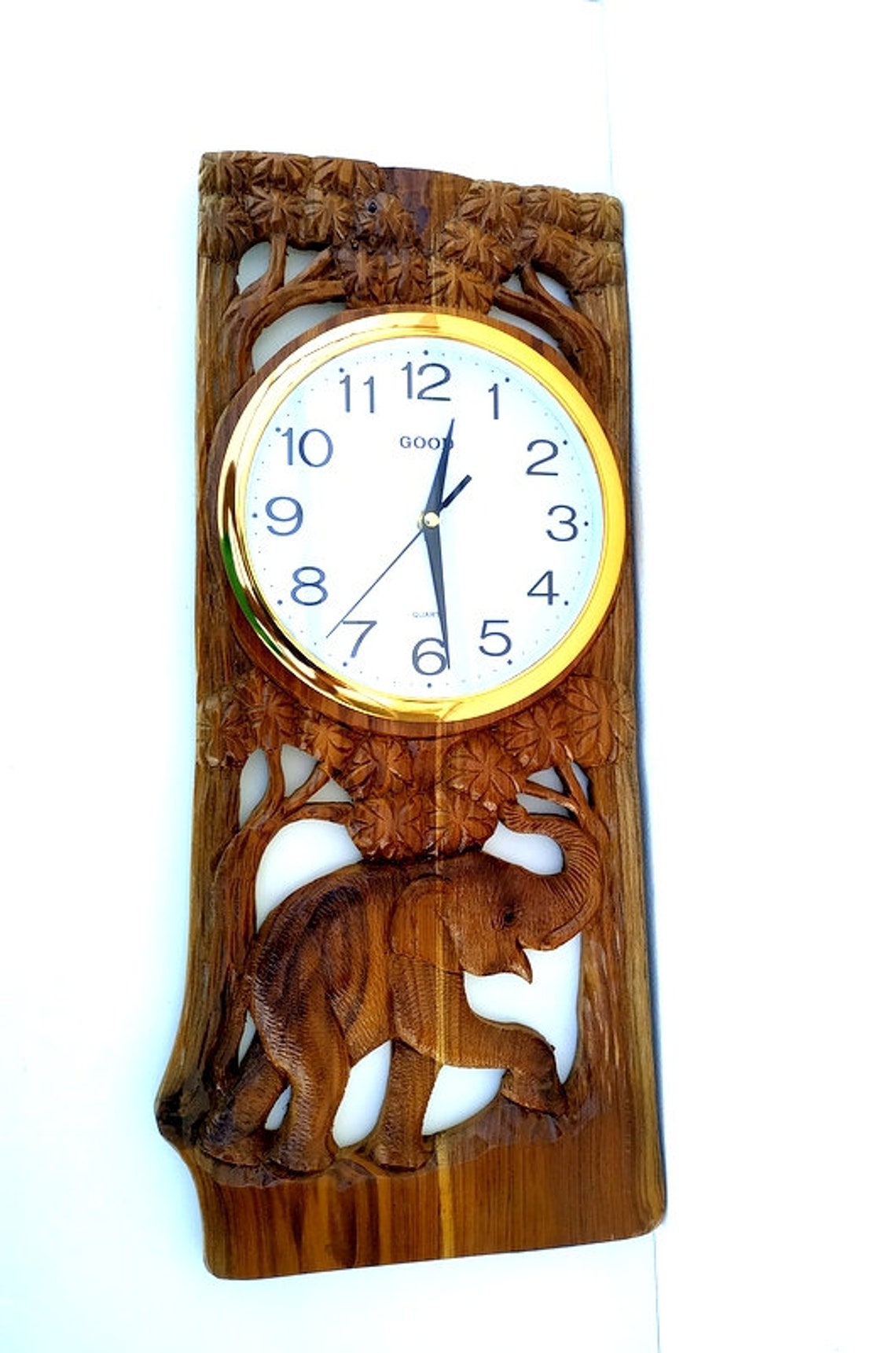 Wood Carving Elephant Clock Natural Teak Wood Hand Carved Art Wall ...