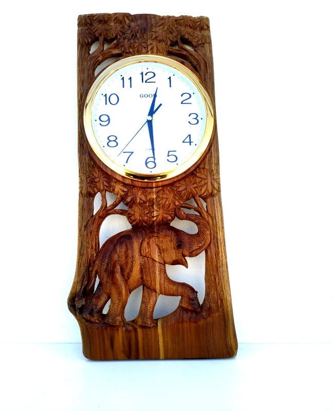Wood Carving Elephant Clock Natural Teak Wood Hand Carved Art Wall ...