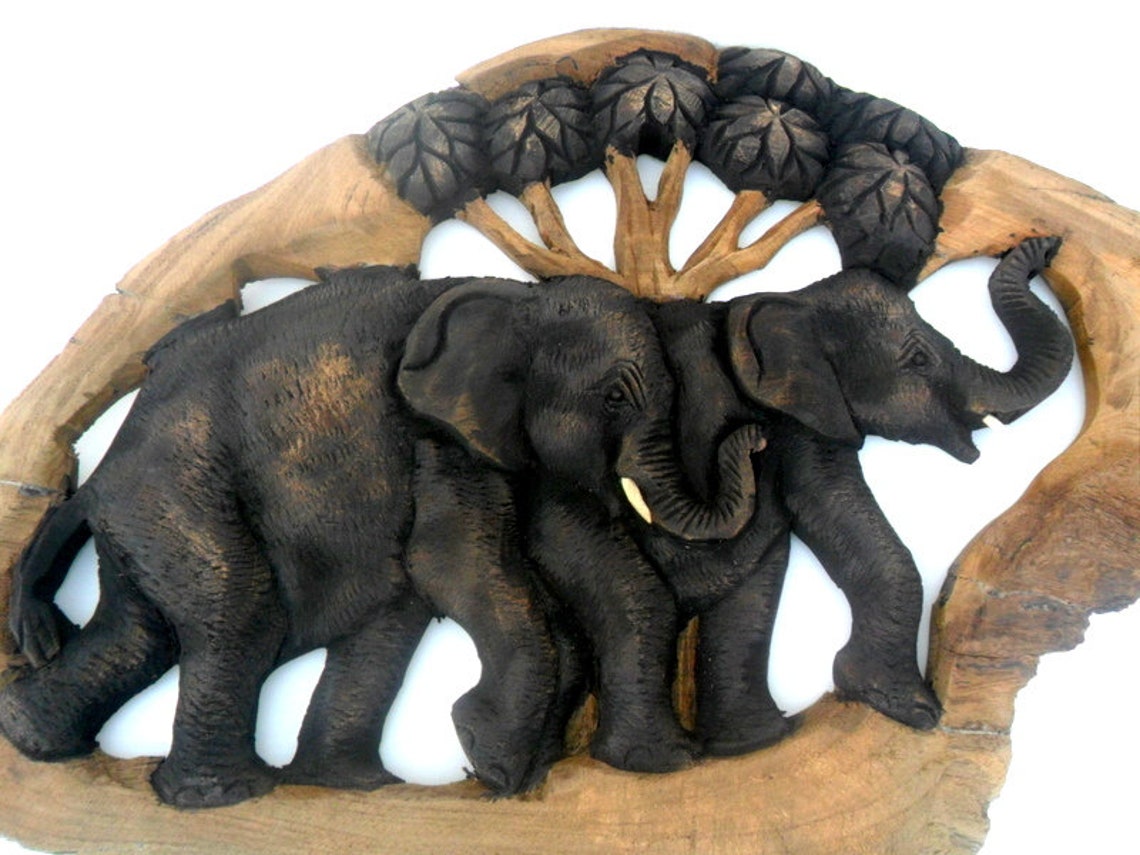 Hand Carved Elephant Wood Carving Elephant Natural Teak Wood Elephant ...