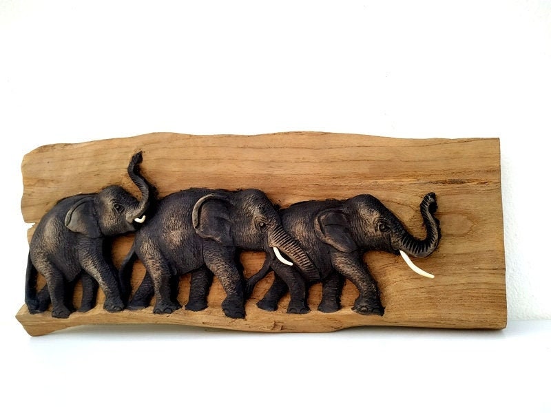 Teak Wood Carving of Three Elephants Family Natural Art Hand Carved ...