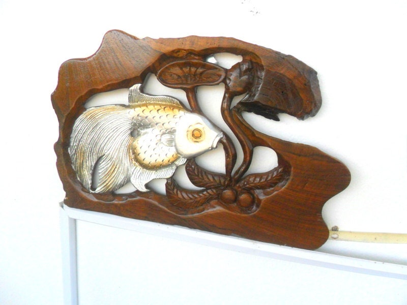 Wood Carving Silver Fish With Lotus Flower Hand Carved Natural Teak ...
