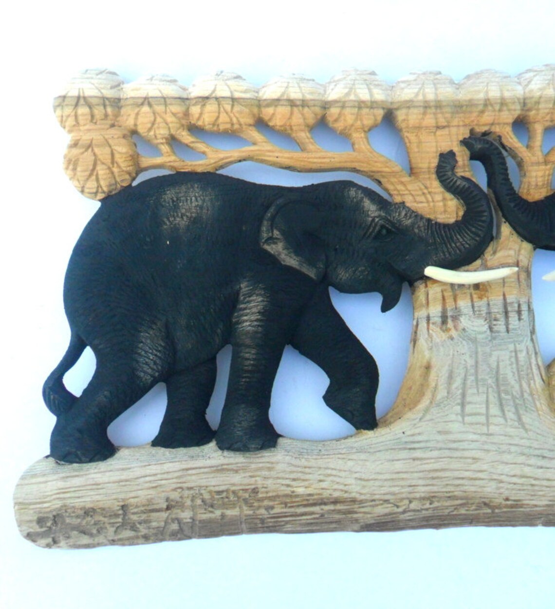 Natural Teak Wood Carving of Two Elephants in the Forest Tree Wall ...