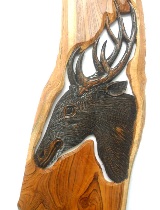 Wood Carving Deer Head Natural Teak Wood Hand Carved Wall - Etsy