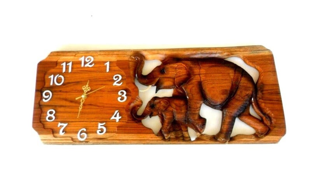 Elephant Wood Clock, Wooden Elephant Decor, Rustic Clock, Wooden Wall ...