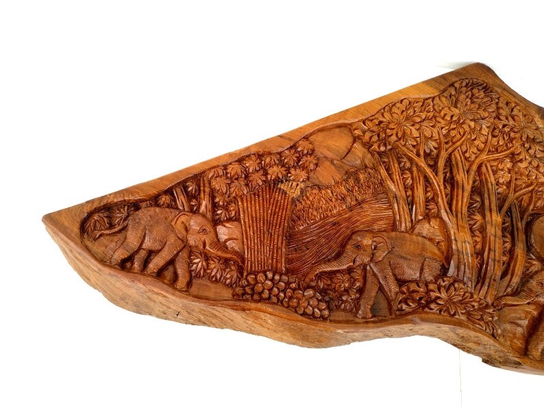 Elephant Wood Carving, Elephant in Forest, Wooden Wall Art Carving ...