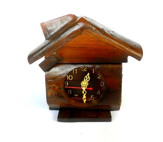 Wooden Desk Clock House Shape Clock Natural Teak Wood Carving Clock ...