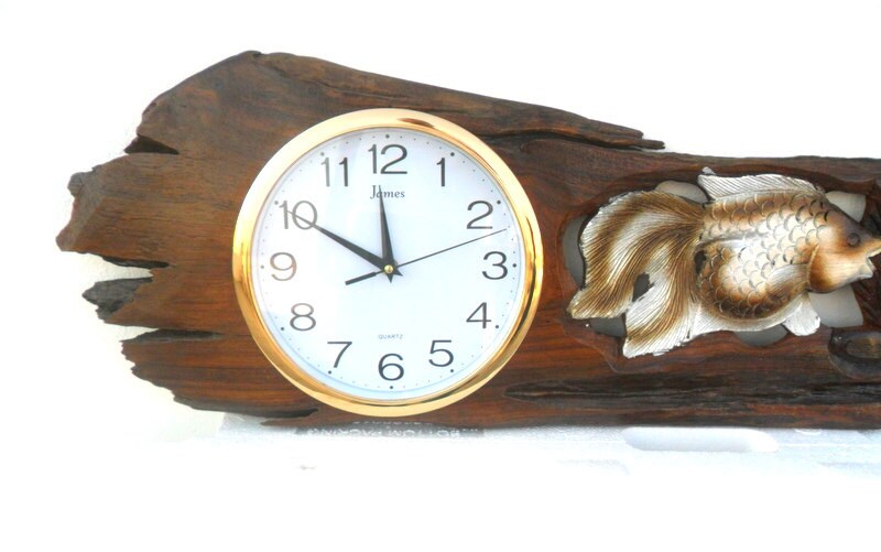 Teak Wood Carving Two Fish With Clock Wall Hanging Home Art Decor ...