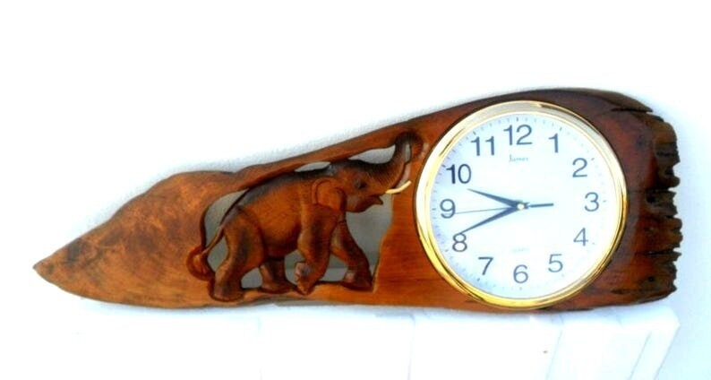 Natural Teak Wood Carving Elephant With Clock Home Decor Wall Hanging ...
