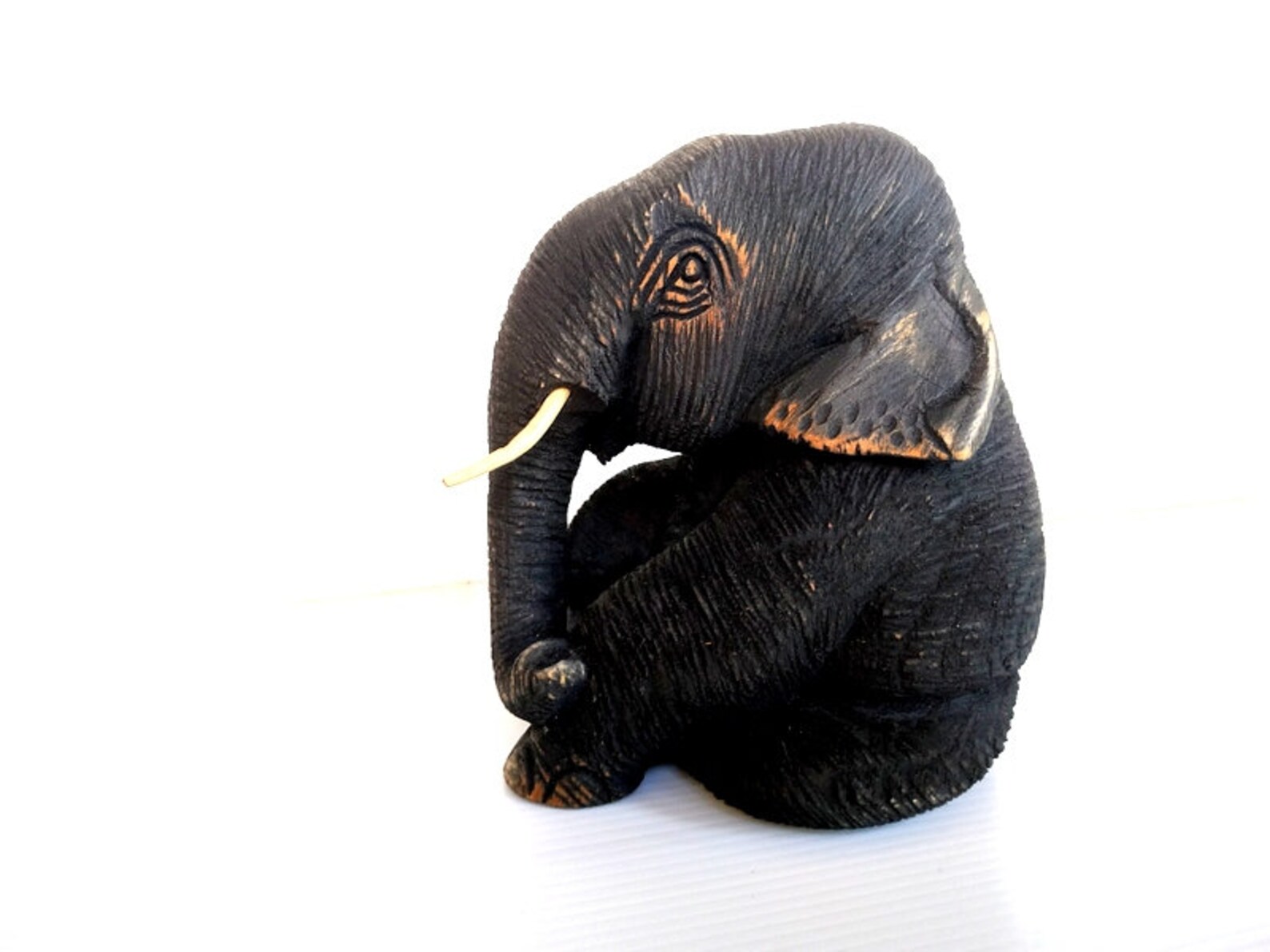 Hand Carved Elephant Wood Carving Sitting Elephant Natural Teak Wood ...