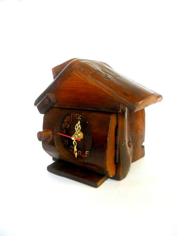 Wooden Desk Clock House Shape Clock Natural Teak Wood Carving Clock ...