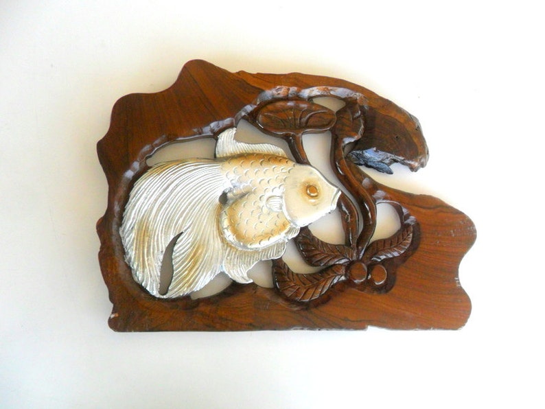 Wood Carving Silver Fish With Lotus Flower Hand Carved Natural Teak ...