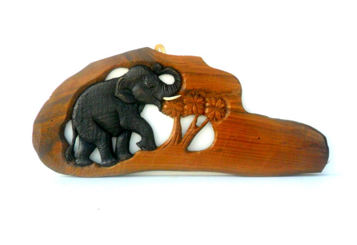 Wood Carving Elephant With Tree Wooden Hand Carved Elephant Natural ...