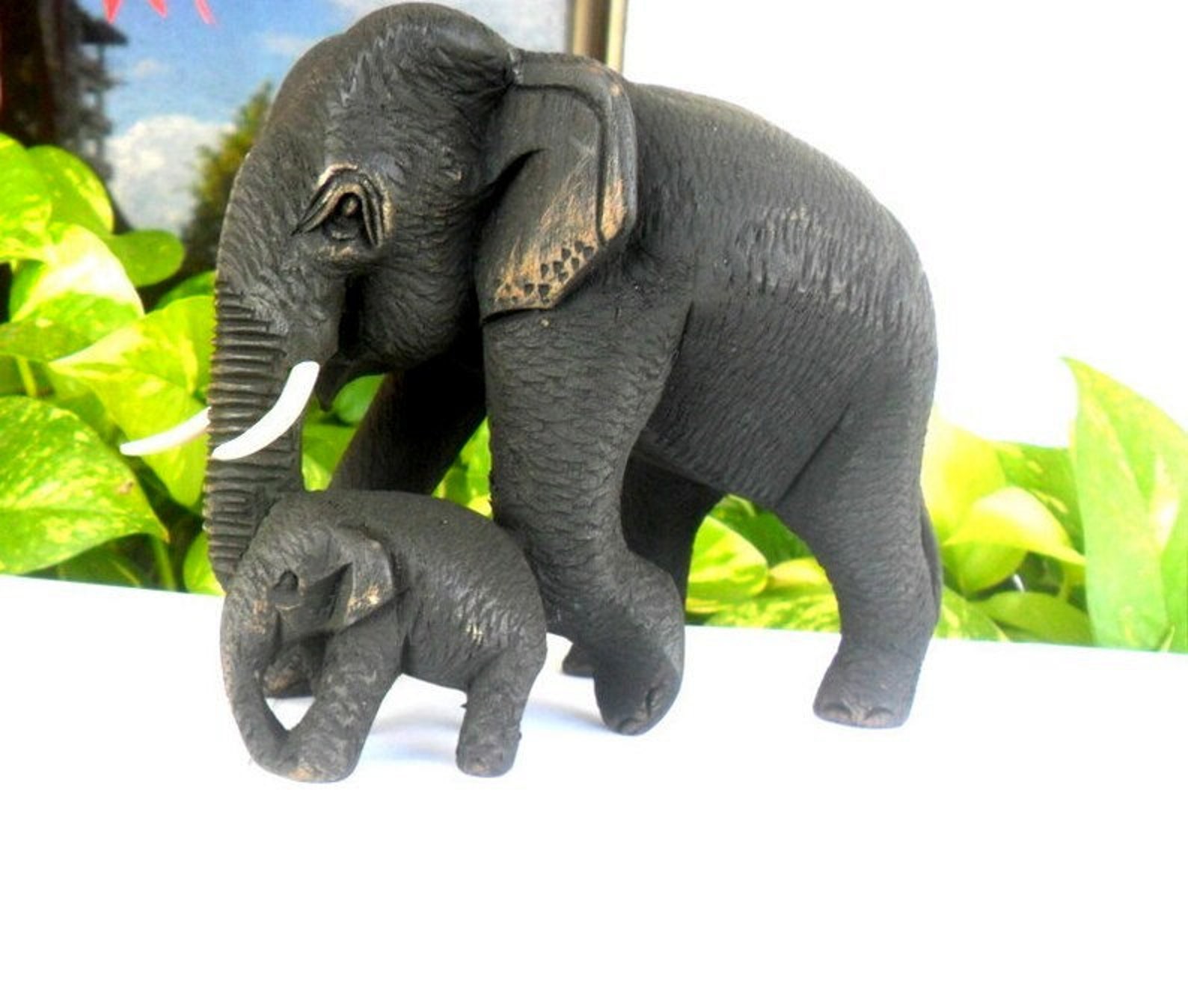 Hand Carved Elephant With Baby Wood Carving Elephant Natural Teak Wood ...