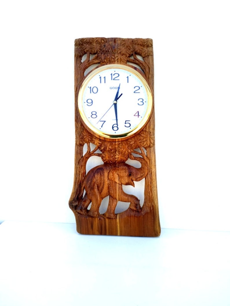 Wood Carving Elephant Clock Natural Teak Wood Hand Carved Art Wall ...