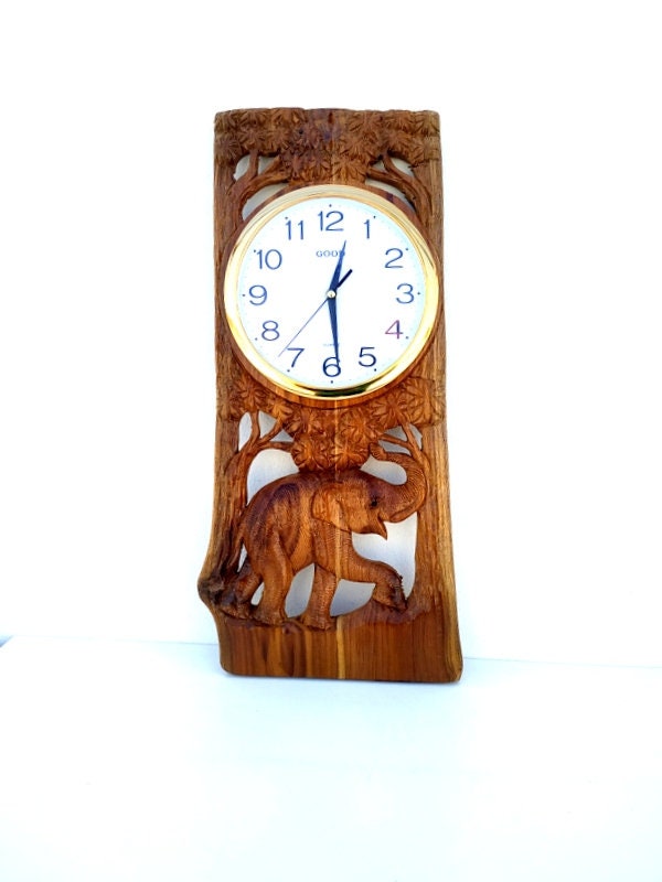 Wood Carving Elephant Clock Natural Teak Wood Hand Carved Art Wall ...