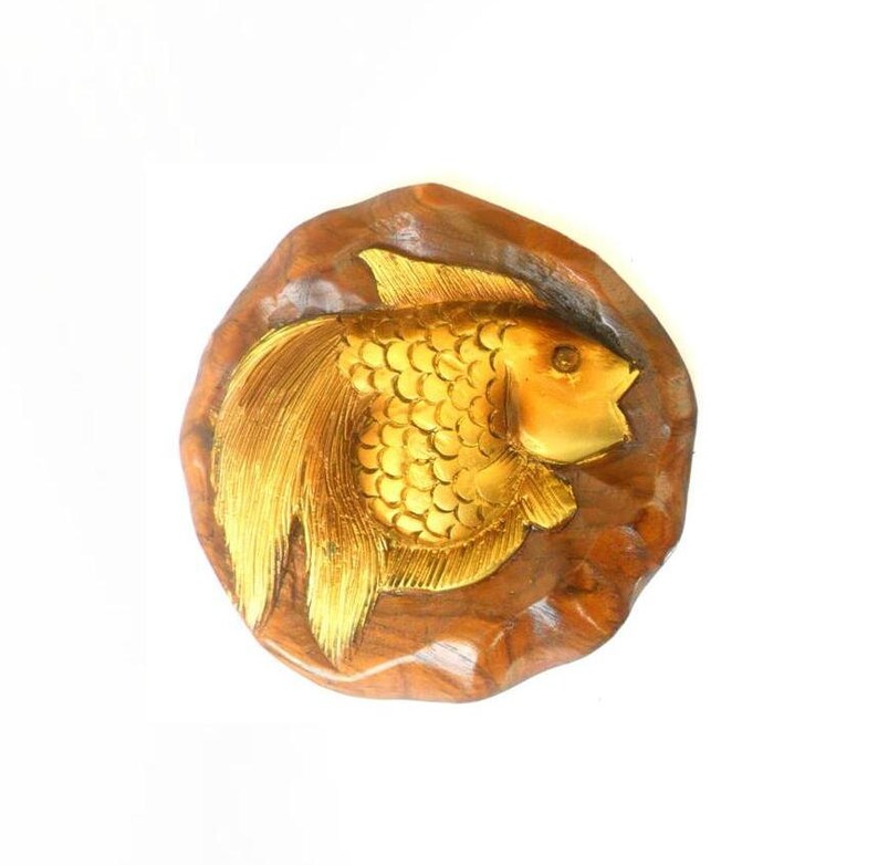 Handmade Natural Teak Wood Hand Carved Round Shape Gold Fish Good Luck ...