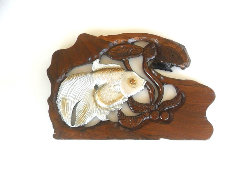 Wood Carving Silver Fish With Lotus Flower Hand Carved Natural Teak ...