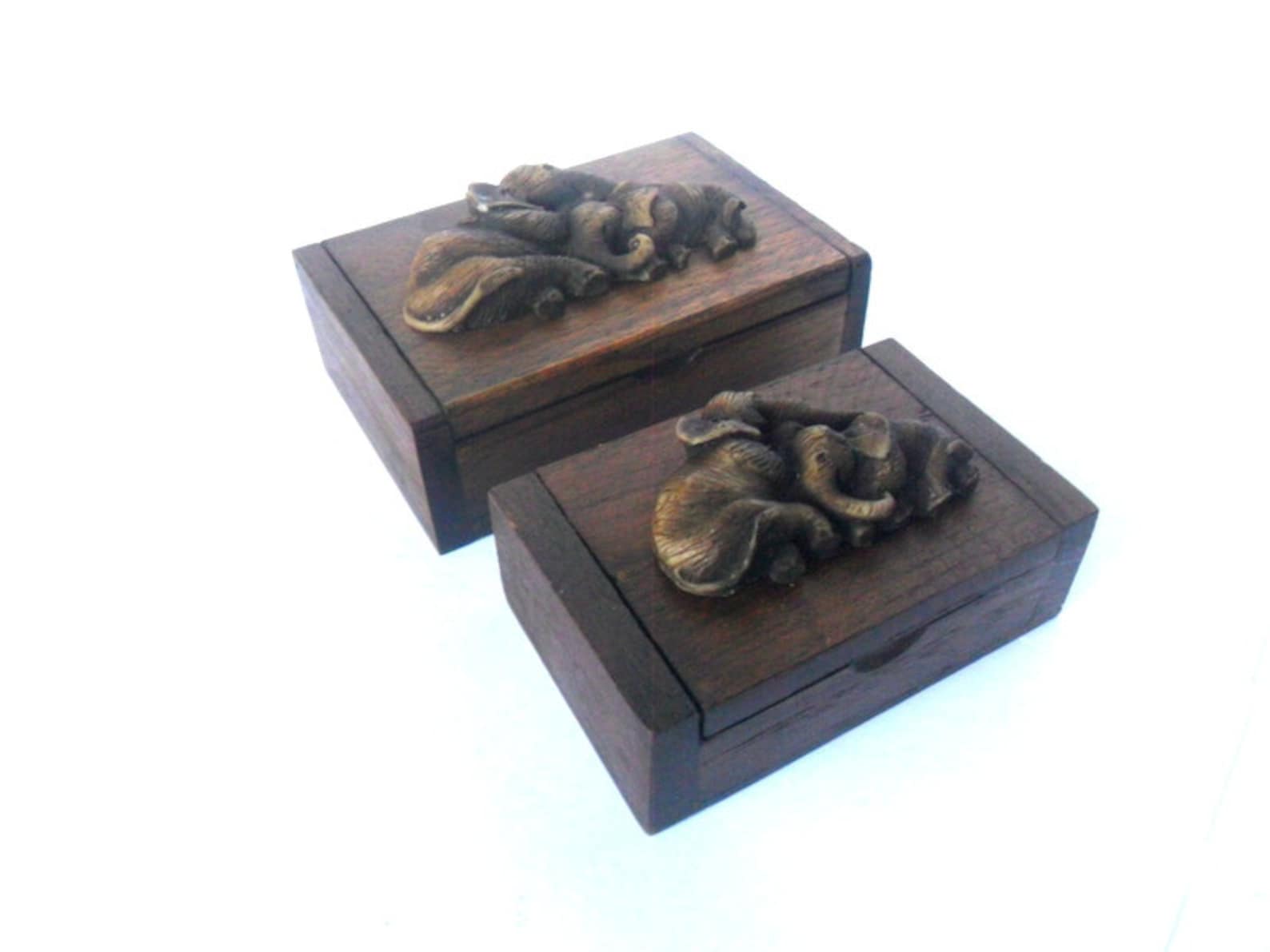 Two Teak Wood Rustic Box Boxes With Elephants Reclaimed Handmade Wooden ...