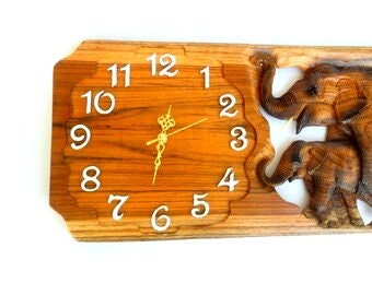 Elephant Wood Clock, Wooden Elephant Decor, Rustic Clock, Wooden Wall ...