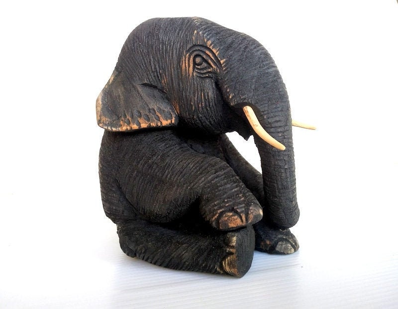 Hand Carved Elephant Wood Carving Sitting Elephant Natural Teak Wood ...