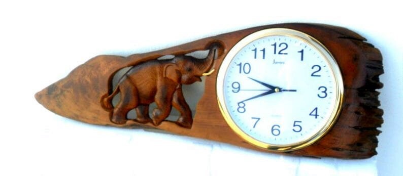 Natural Teak Wood Carving Elephant With Clock Home Decor Wall Hanging ...