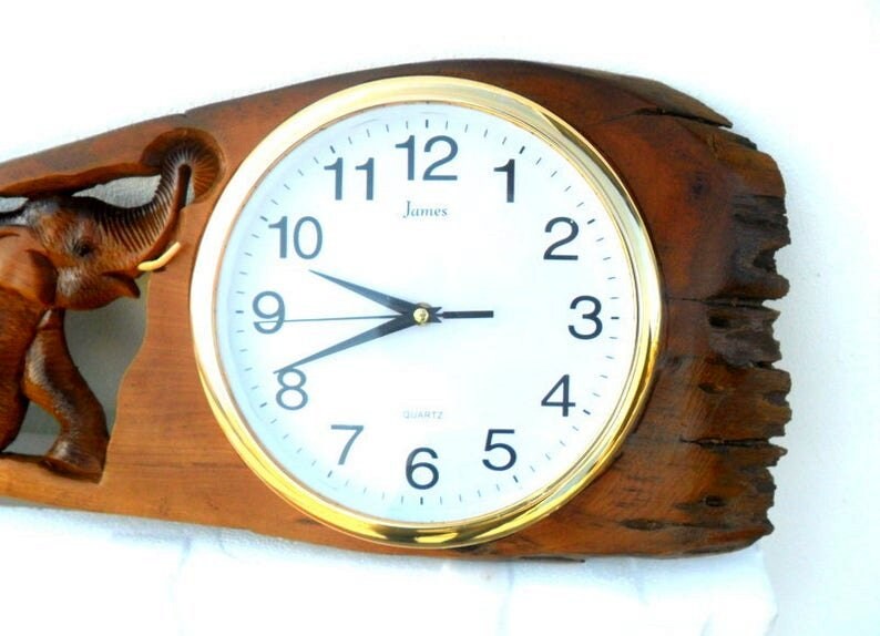 Natural Teak Wood Carving Elephant With Clock Home Decor Wall Hanging ...