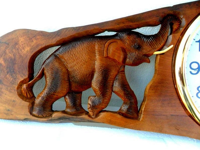 Natural Teak Wood Carving Elephant With Clock Home Decor Wall Hanging ...
