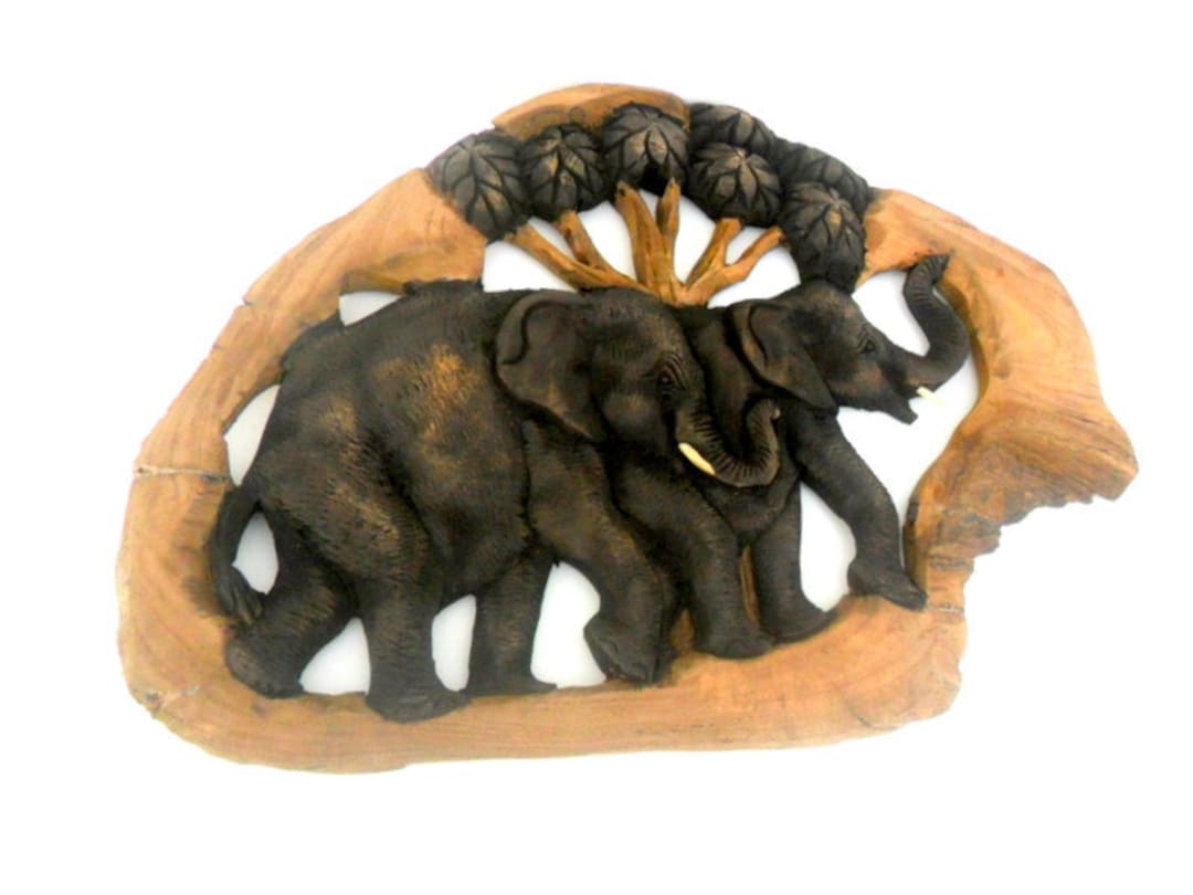 Hand Carved Elephant Wood Carving Elephant Natural Teak Wood Elephant ...