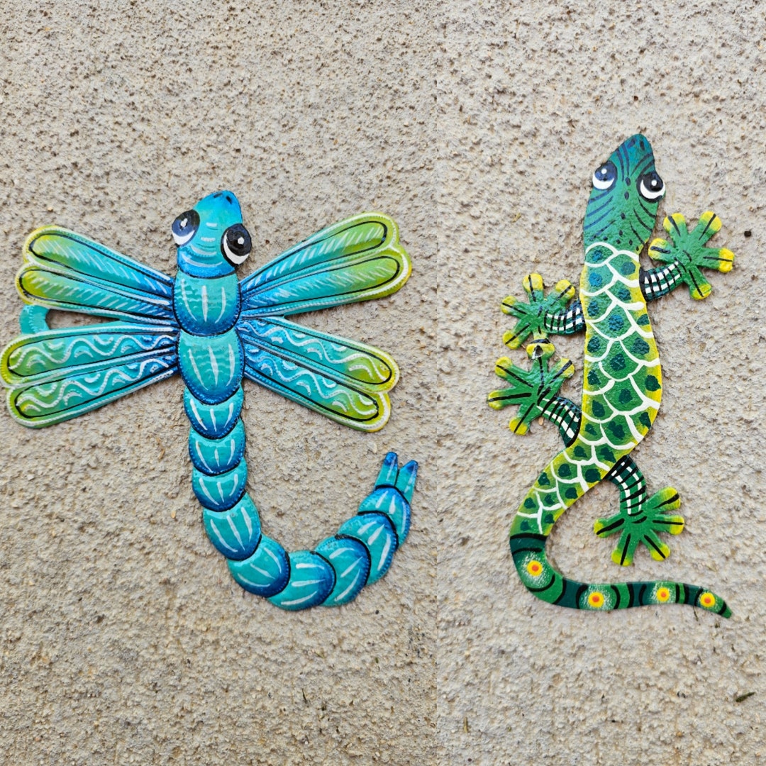 7" Lizard and Dragonfly Haitian Metal Art Pieces - Etsy