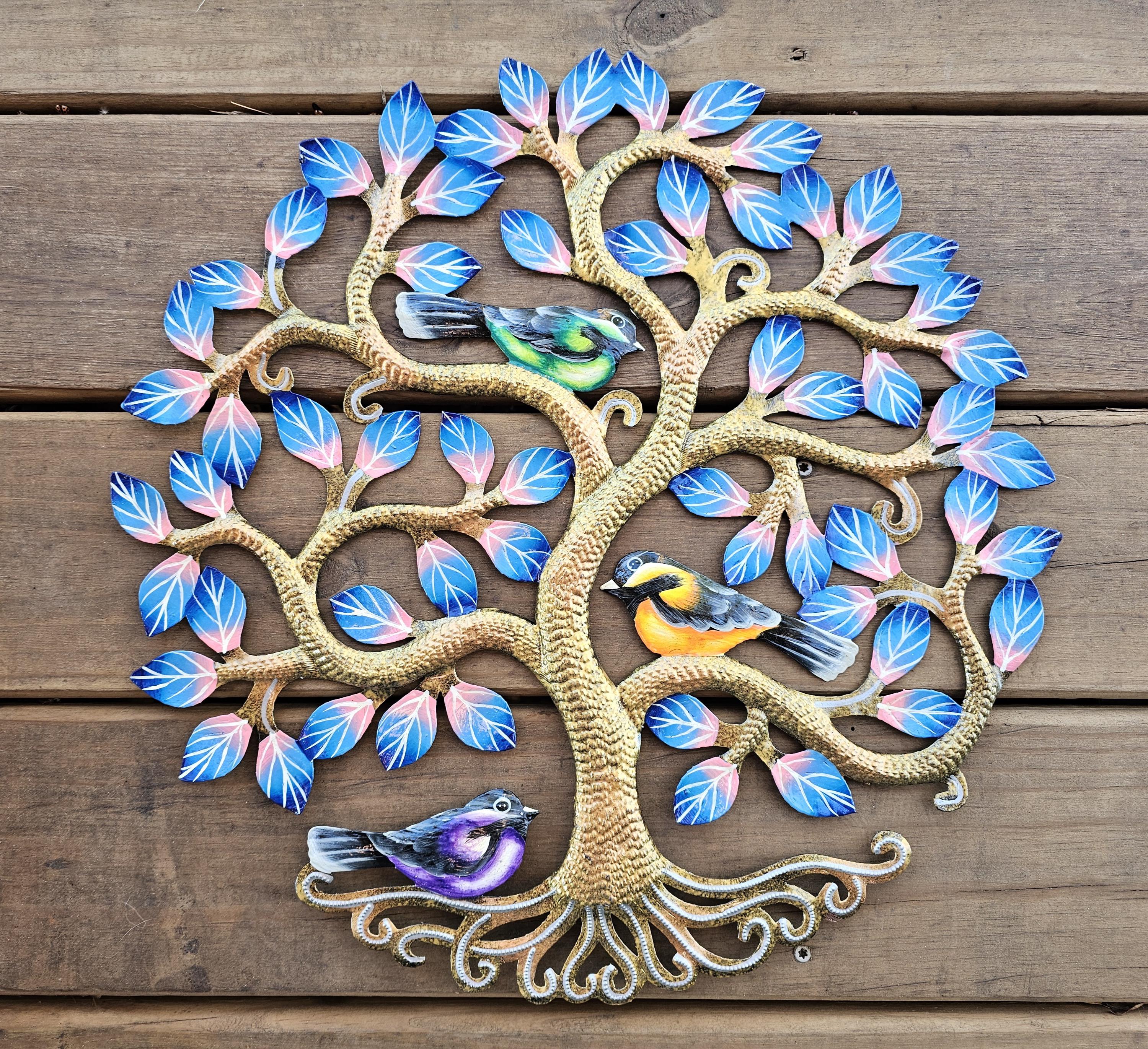 17" Blue and Gold Haitian Metal Tree With Birds Wall Art - Etsy