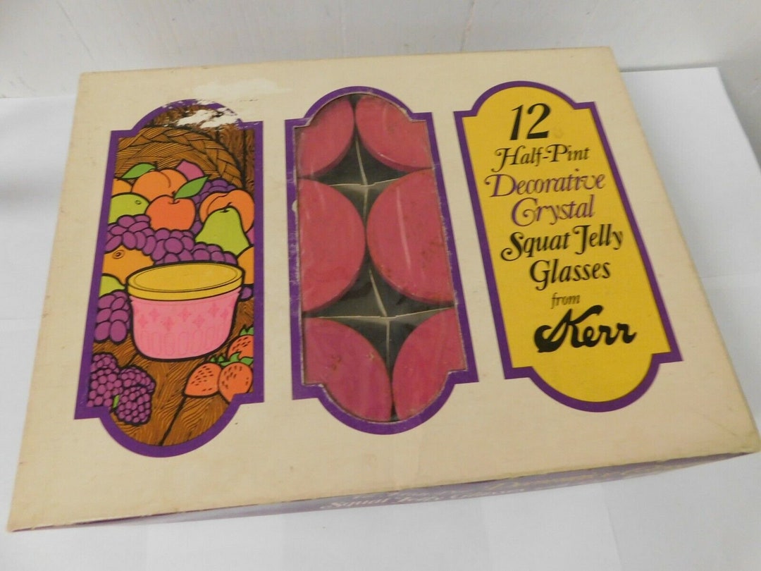 Vintage Kerr Half Pint Crystal Squat Jelly Glasses Set of 12 Pink Lids ...
