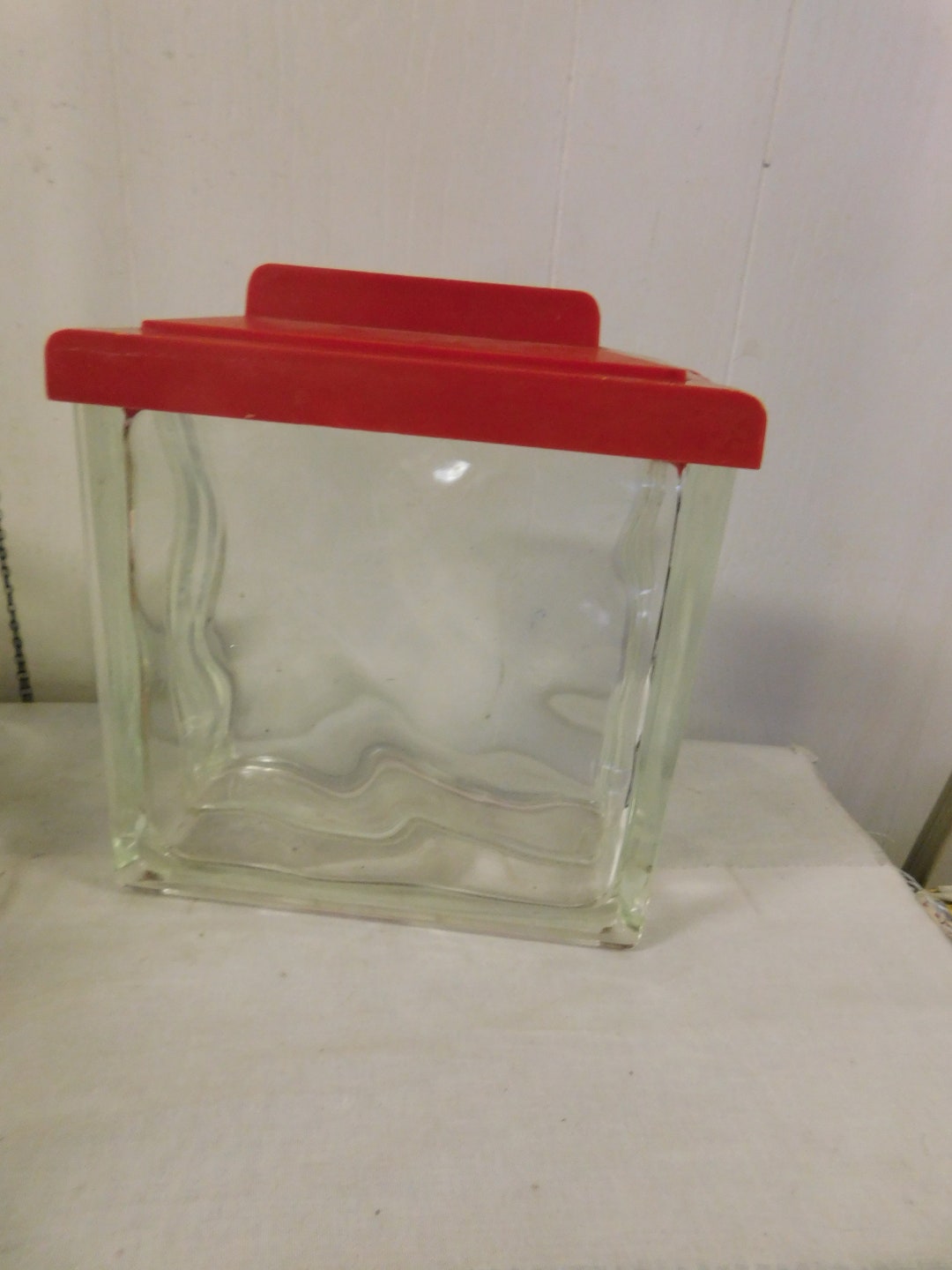 Vintage 40-50s Art Deco Era Block Glass Canister Red Lid - Etsy