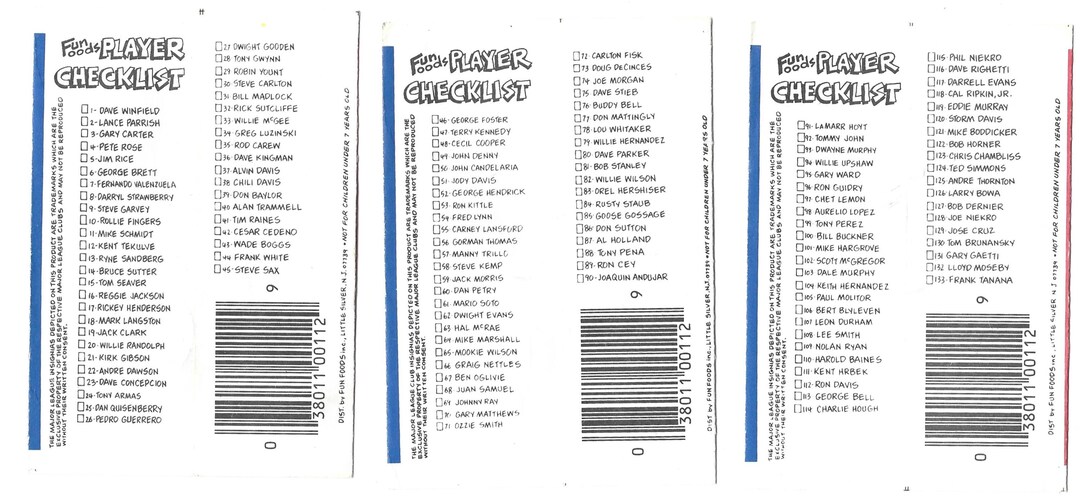 3 1984 Fun Foods Baseball Buttons Checklists #1 - 45 and 46 - 90 and 91 ...
