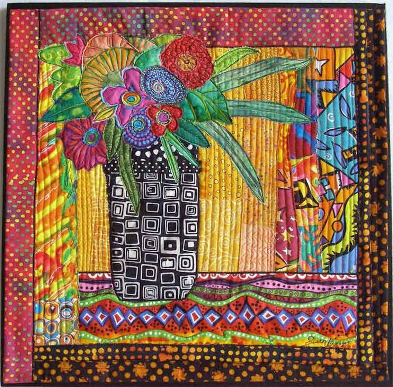 Floral Vase Art Quilt, Fiber Art Collage, Whimsical Art, Quilted Wall ...