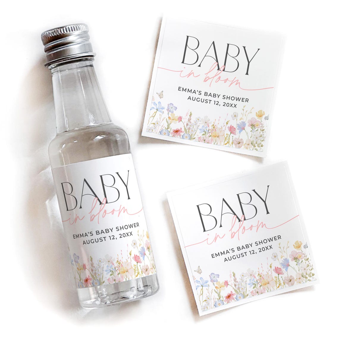 Baby Shower Shot Bottle Label - Baby in Bloom Mini Liquor Label ...